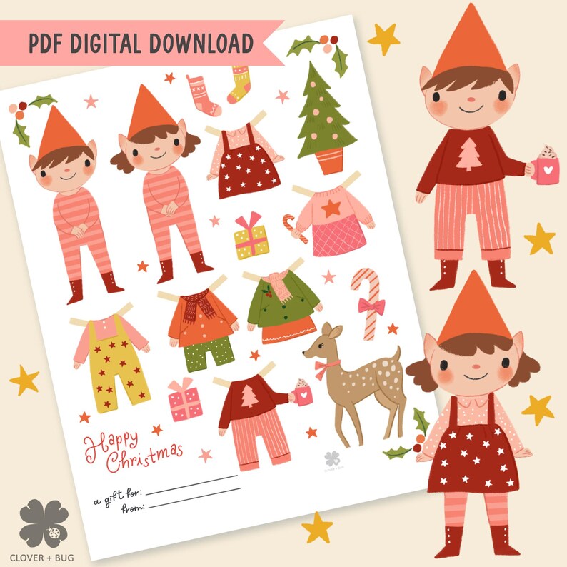 Printable Paper Doll Christmas Elves Digital Download Seasonal Activity ...