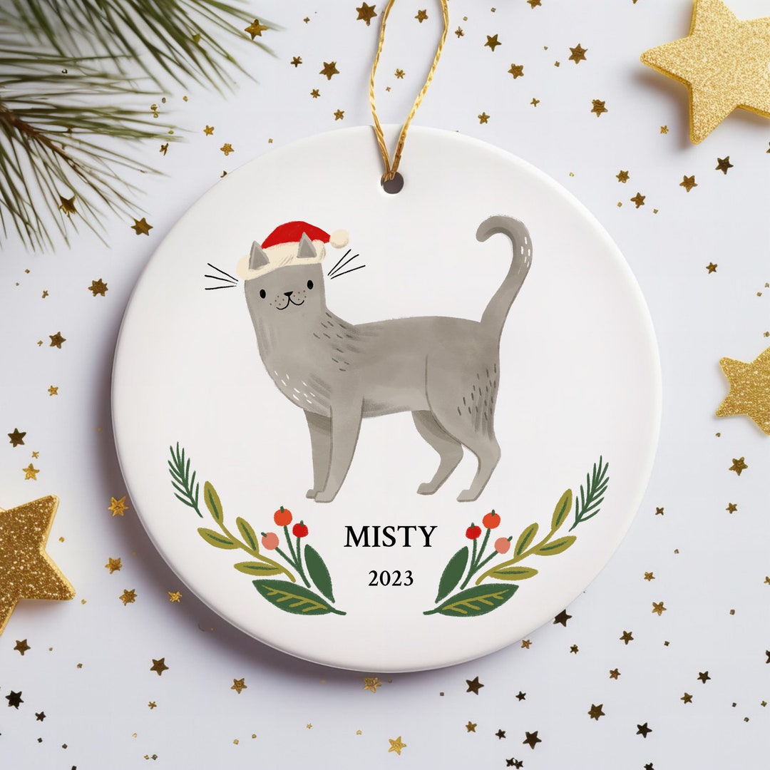 Personalized Gray Cat Ornament Hand Drawn Cat Ceramic Ornament Gray Cat ...