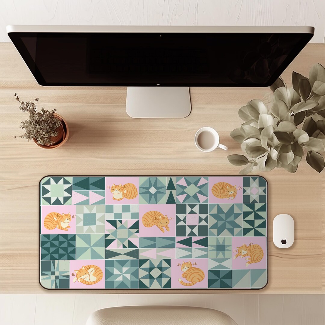 Ginger Cats and Patchwork Cottagecore Desk Mat Quilt Squares Large Desk ...
