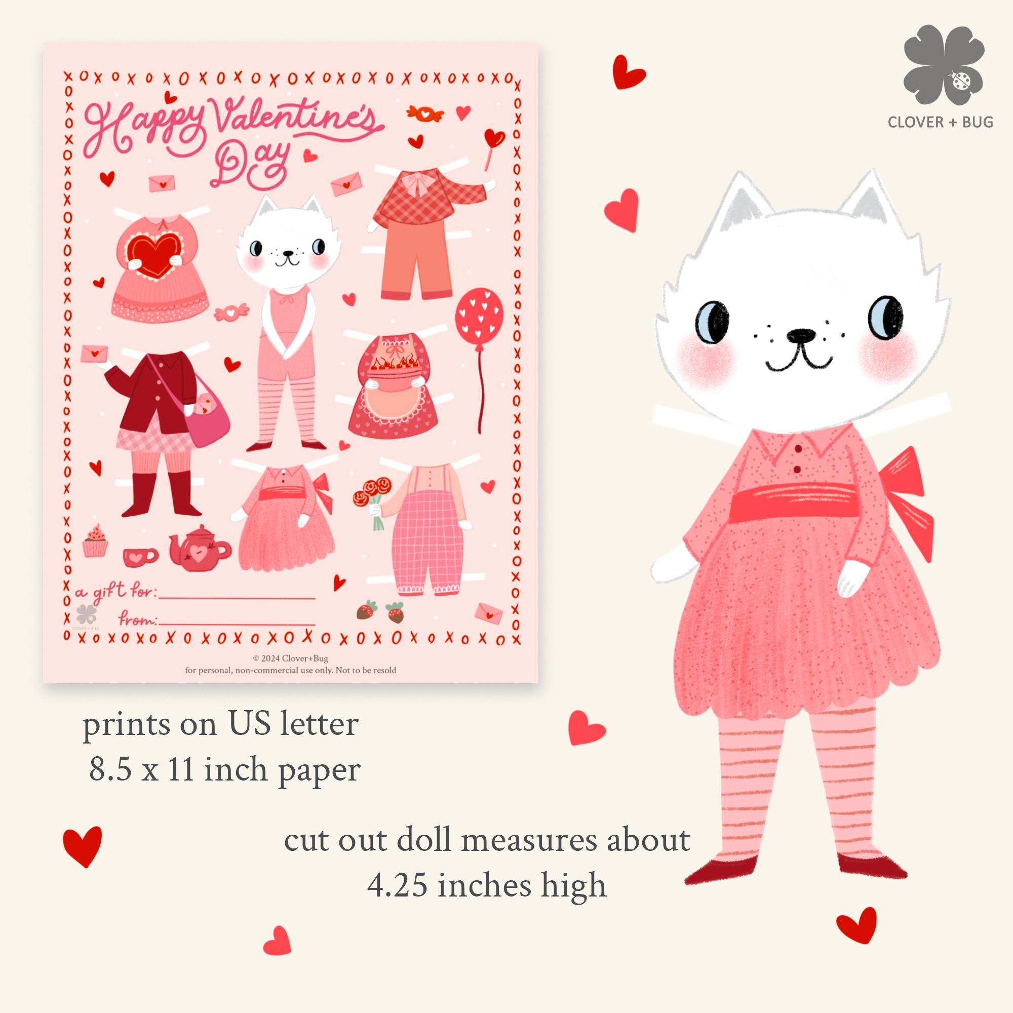 Valentine Cat Paper Doll Digital Download Printable Seasonal Activity ...