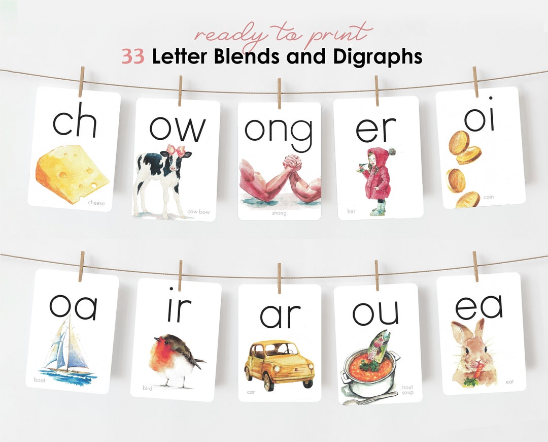 33 Printable Blends and Digraphs Flash Cards Classroom Nursery Decor ...