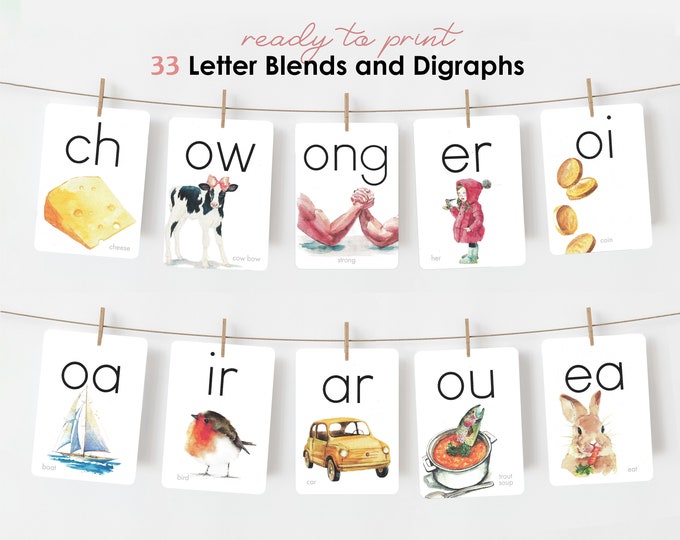 33 Printable Blends and Digraphs Flash Cards | Classroom Nursery Decor ...