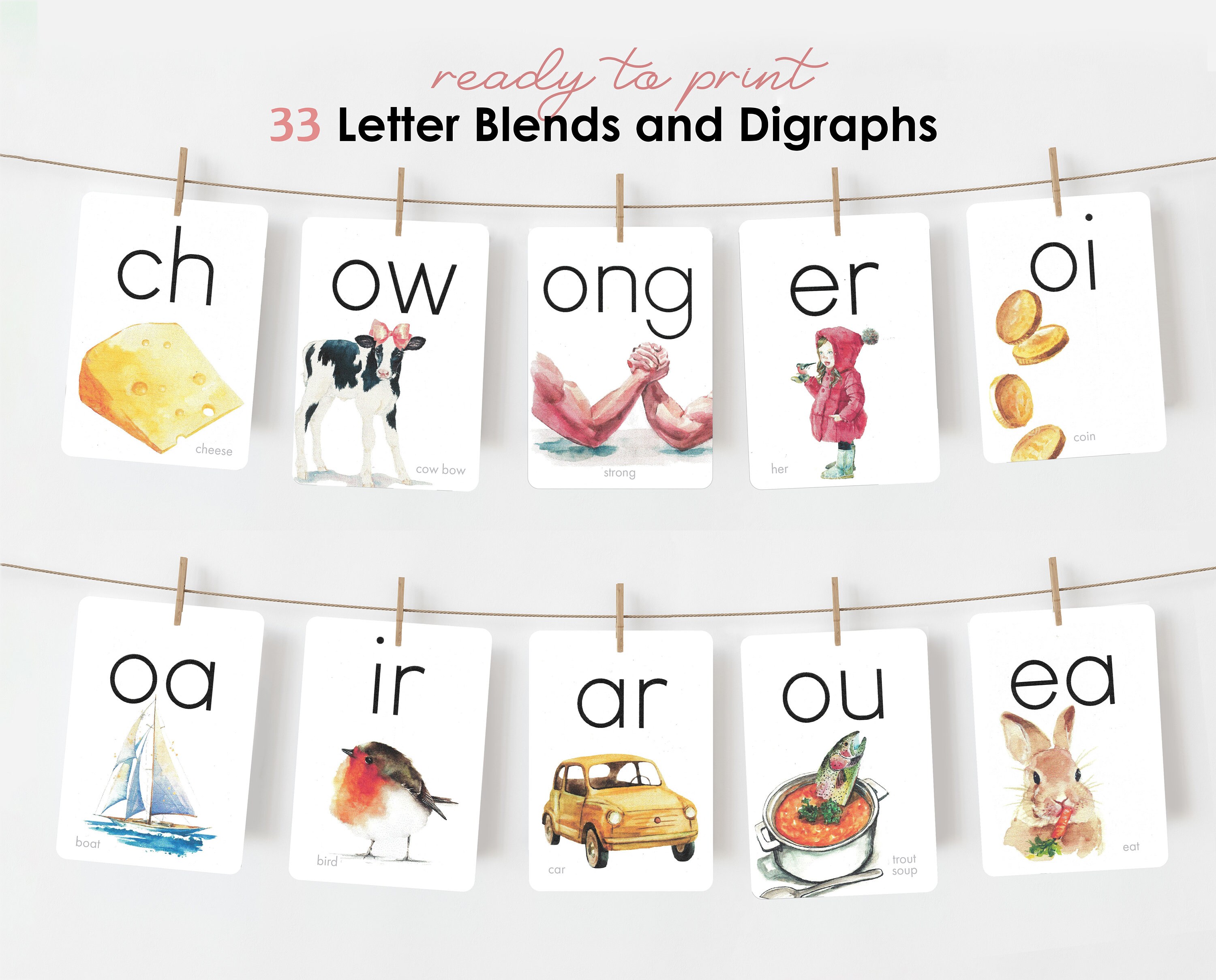 33 Printable Blends and Digraphs Flash Cards Classroom Nursery Decor ...