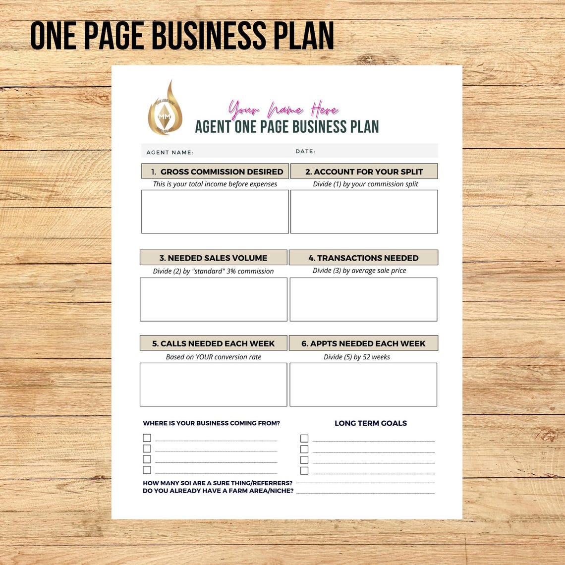 Real Estate Agent Business Plan Template: One-page Marketing Planner (PDF Download) - Etsy