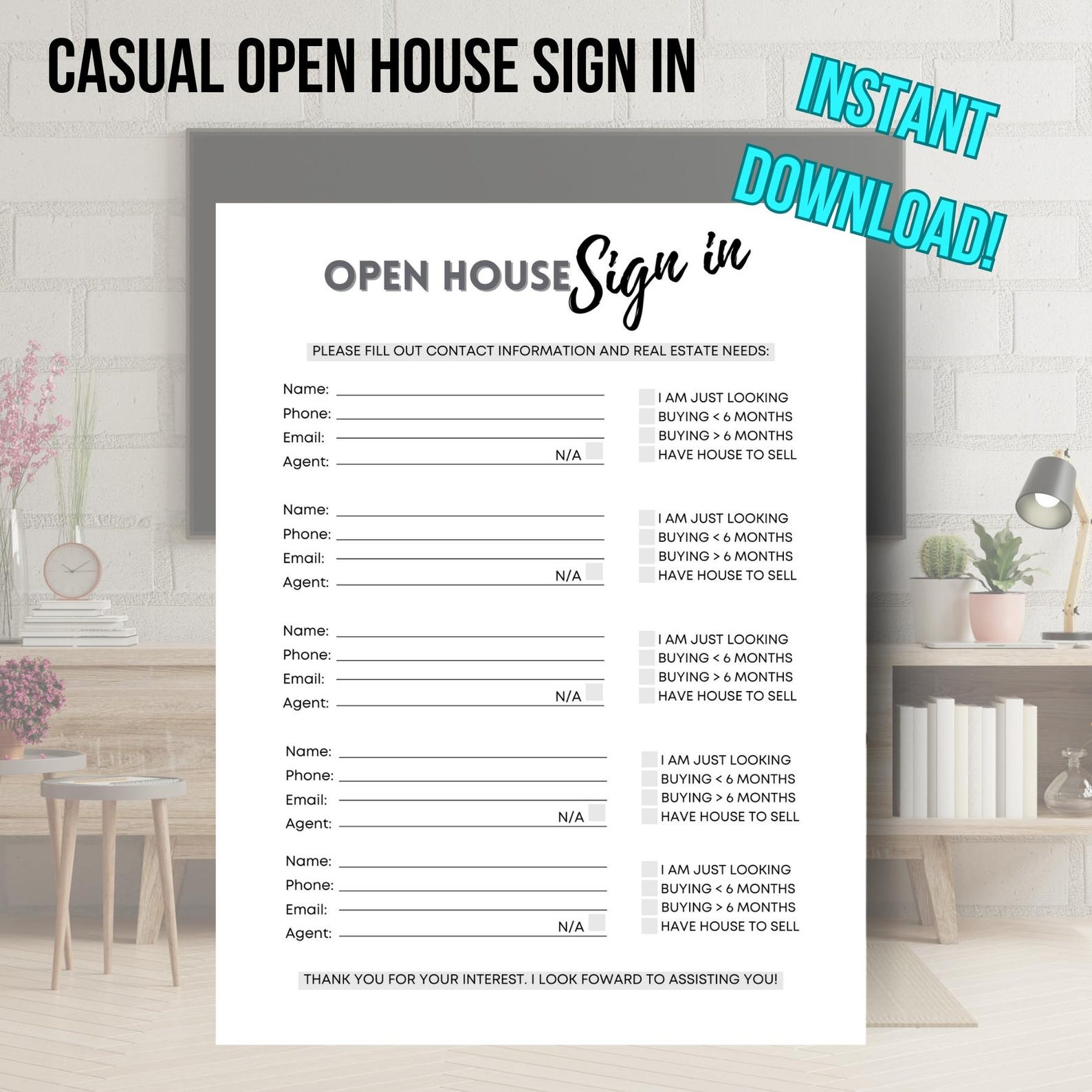Real Estate Open House Sign-in Sheet: Casual Design (PDF Downloadable ...