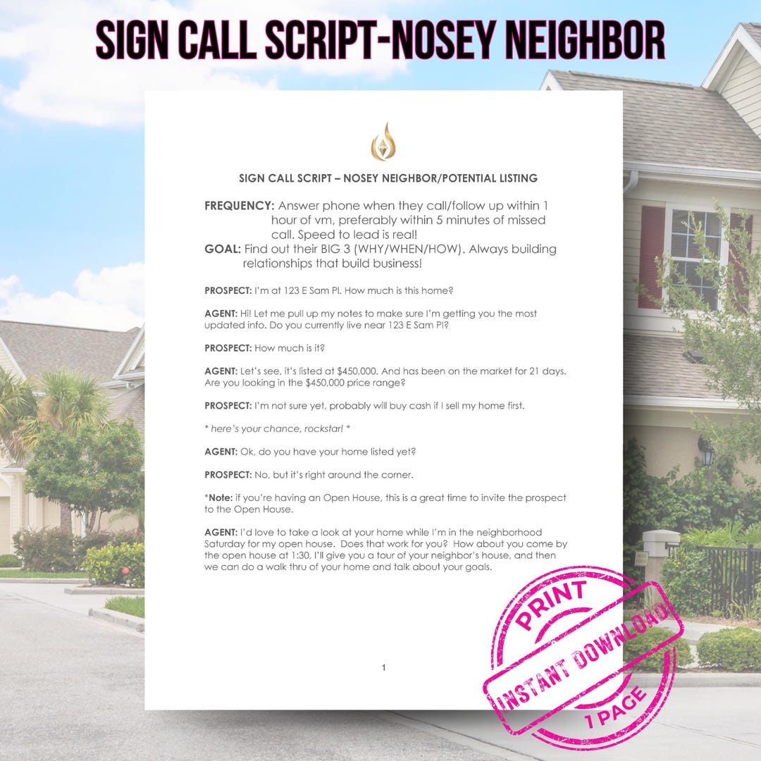 Real Estate Sign Call Script: Nosey Neighbor Realtor Guide (PDF Plan - Etsy