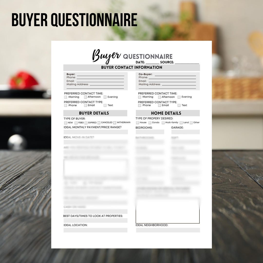 Home Buyer Questionnaire | Buyer Intake Form | Real Estate Client Lead ...