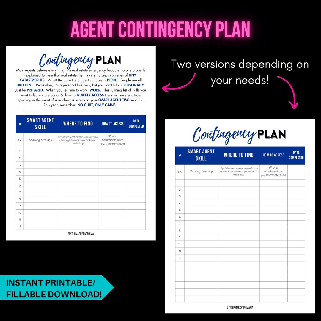 Real Estate Agent Contingency Plan: Printable Realtor Checklist (fillable PDF) - Etsy