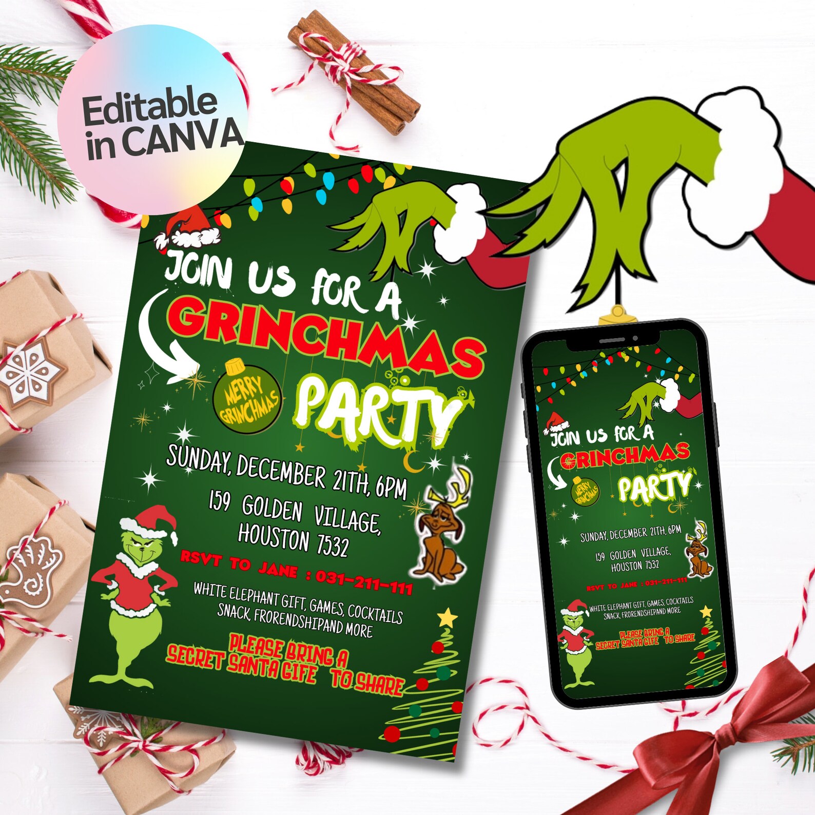 Customizable Grinch Invite | Festive Merry Grinchmas Party | Editable ...