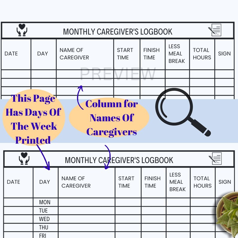 Caregiver Log Printable, Caregiver Timesheet, Caregiver Daily Log ...