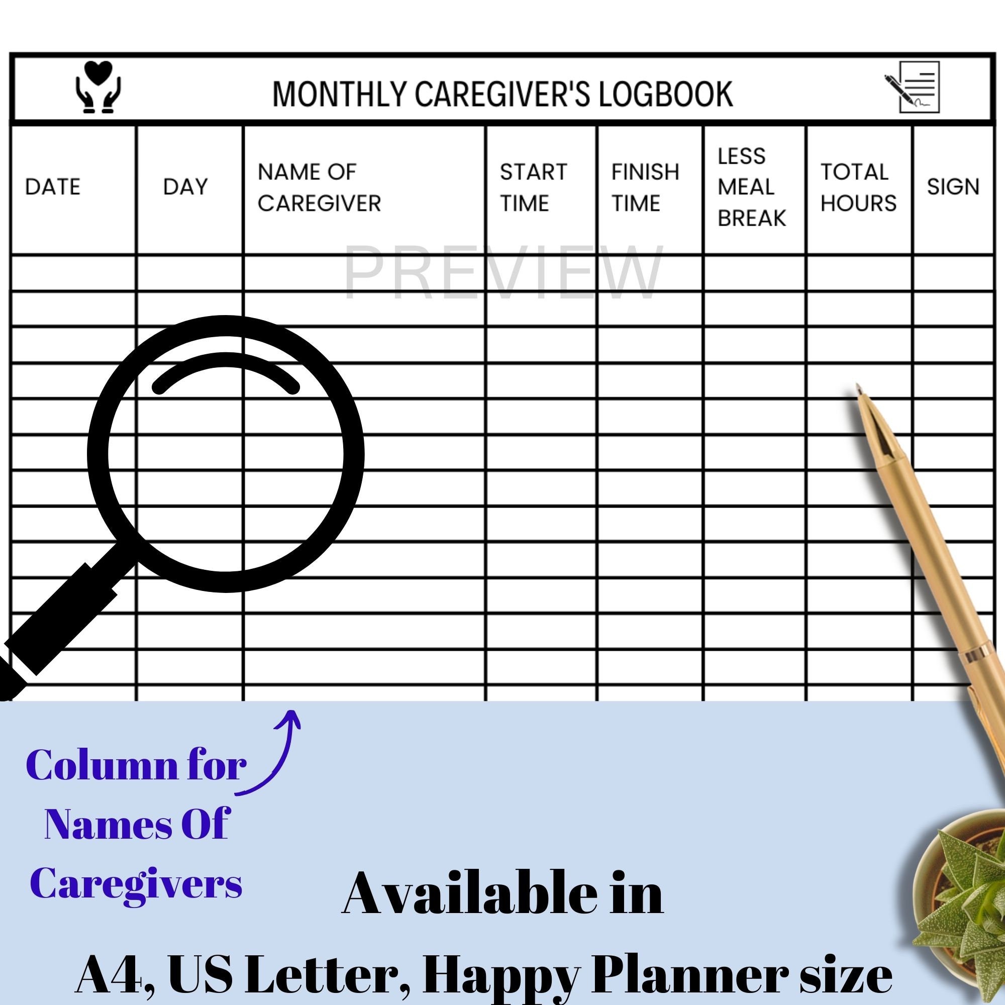 Caregiver Log Printable, Caregiver Timesheet, Caregiver Daily Log ...