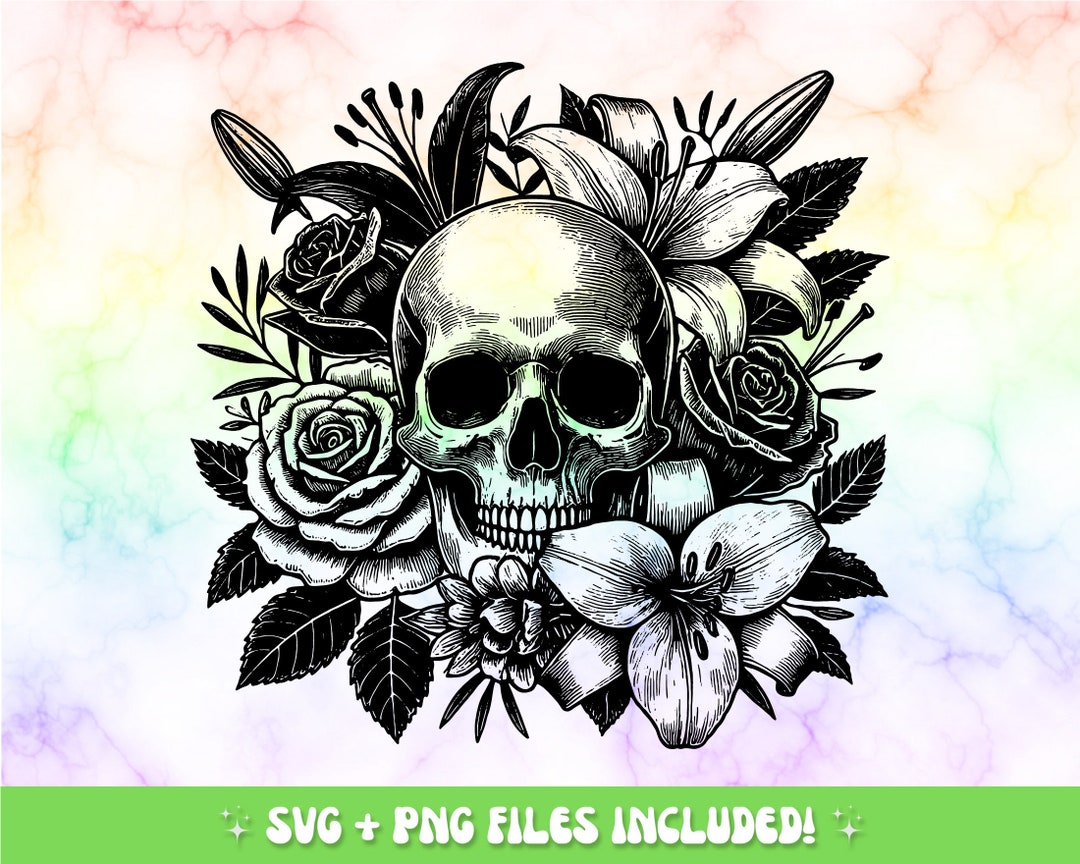 Skull and Flowers SVG PNG, Floral Skull Svg, Floral Skeleton, Skeleton ...