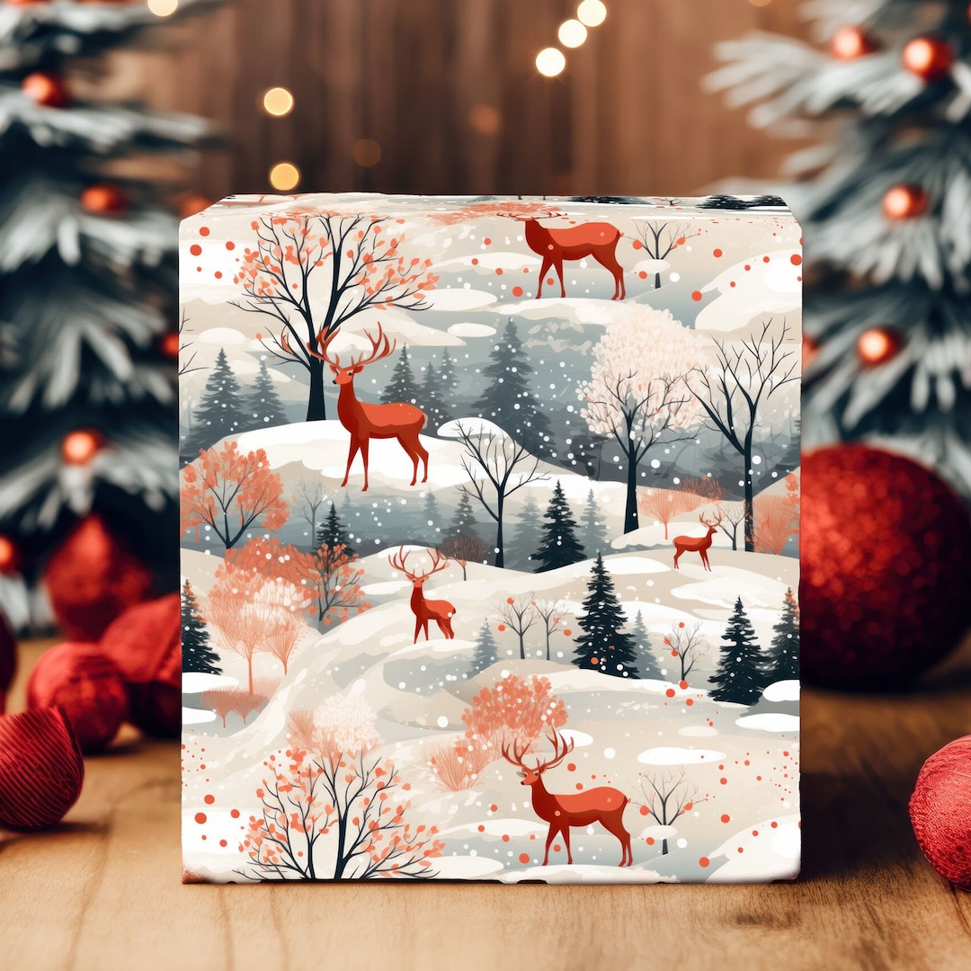 Red Botanical Christmas Deer Wrapping Paper, Scandanavian Deer Wrapping ...