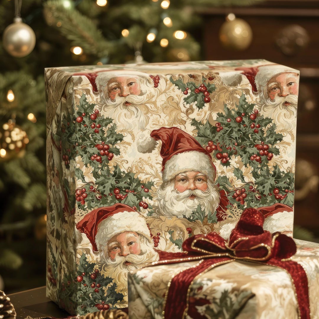 Nostaligic Vintage Santa Gift Wrap, Christmas Gift Wrap, Holiday ...