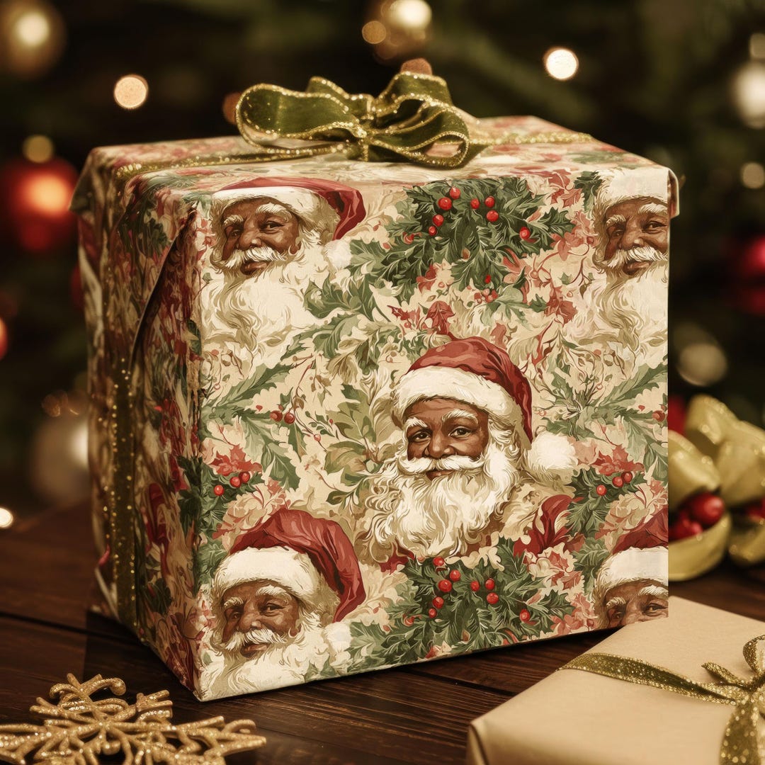 Nostaligic Vintage Black Santa Gift Wrap, Christmas Gift Wrap, Holiday ...