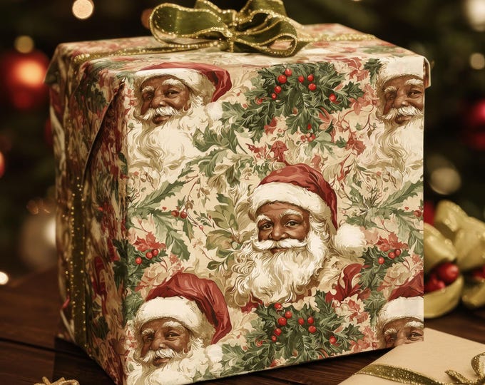 Nostaligic Vintage Black Santa Gift Wrap, Christmas Gift Wrap, Holiday ...