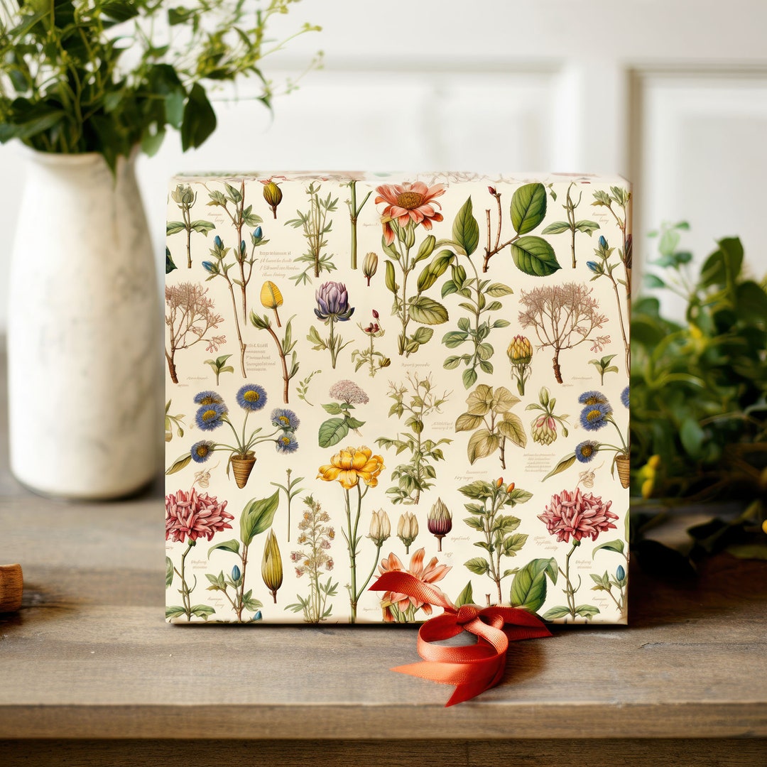 Botanical Vintage Academia Inspired Wrapping Paper, Botanical Gift Wrap ...
