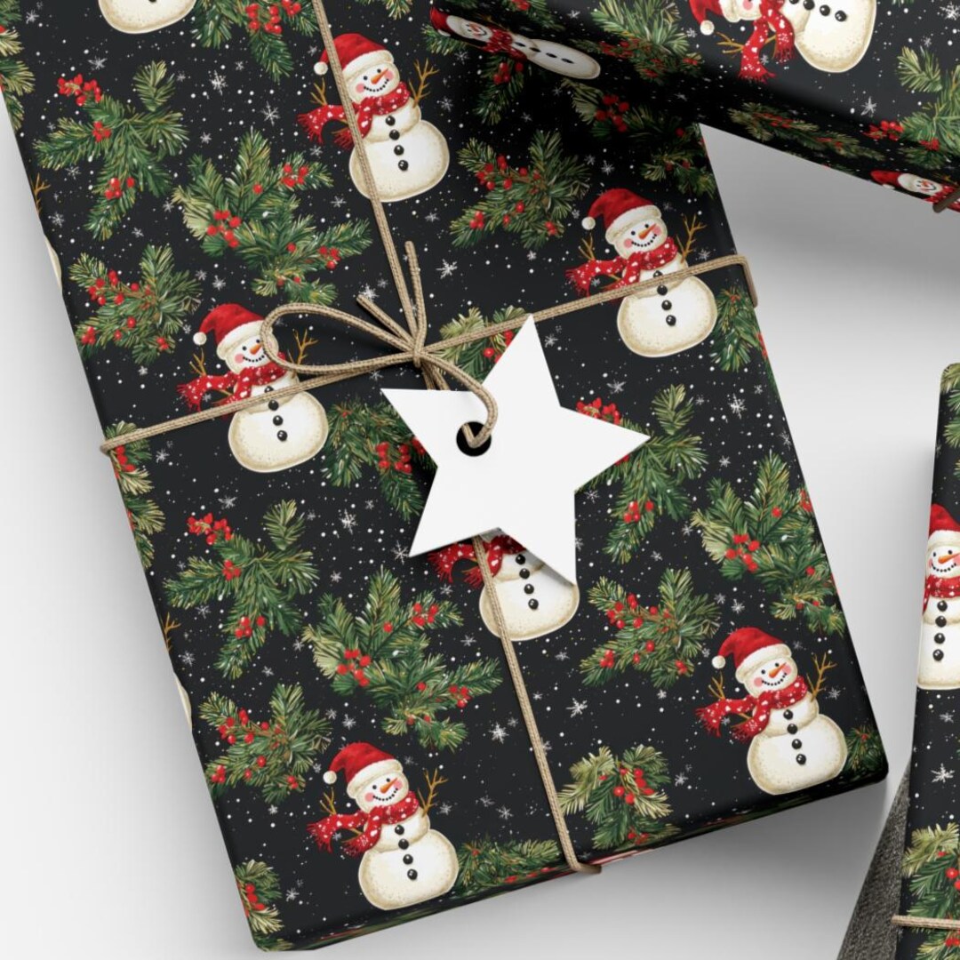 Happy Snowmen Black Wrapping Paper, Christmas Gift Wrap, Holiday Gift ...
