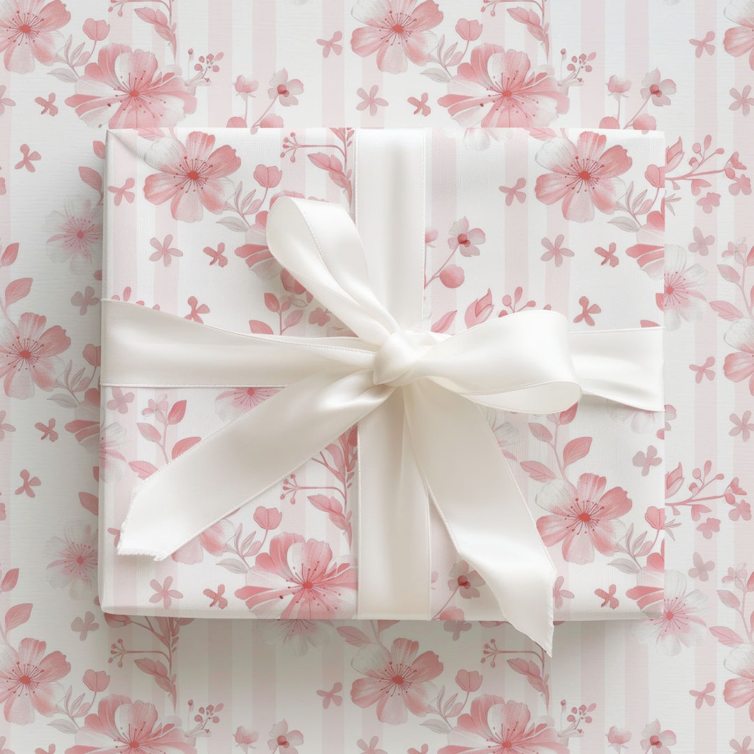Pink and White Cherry Blossom Stripe Gift Wrap, Feminine Wrapping Paper ...