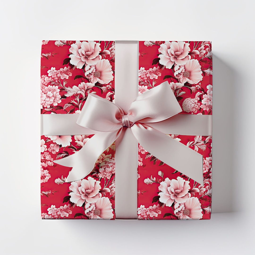 Pink and Red Floral Wrapping Paper, Christmas Gift Wrap, Elegant ...