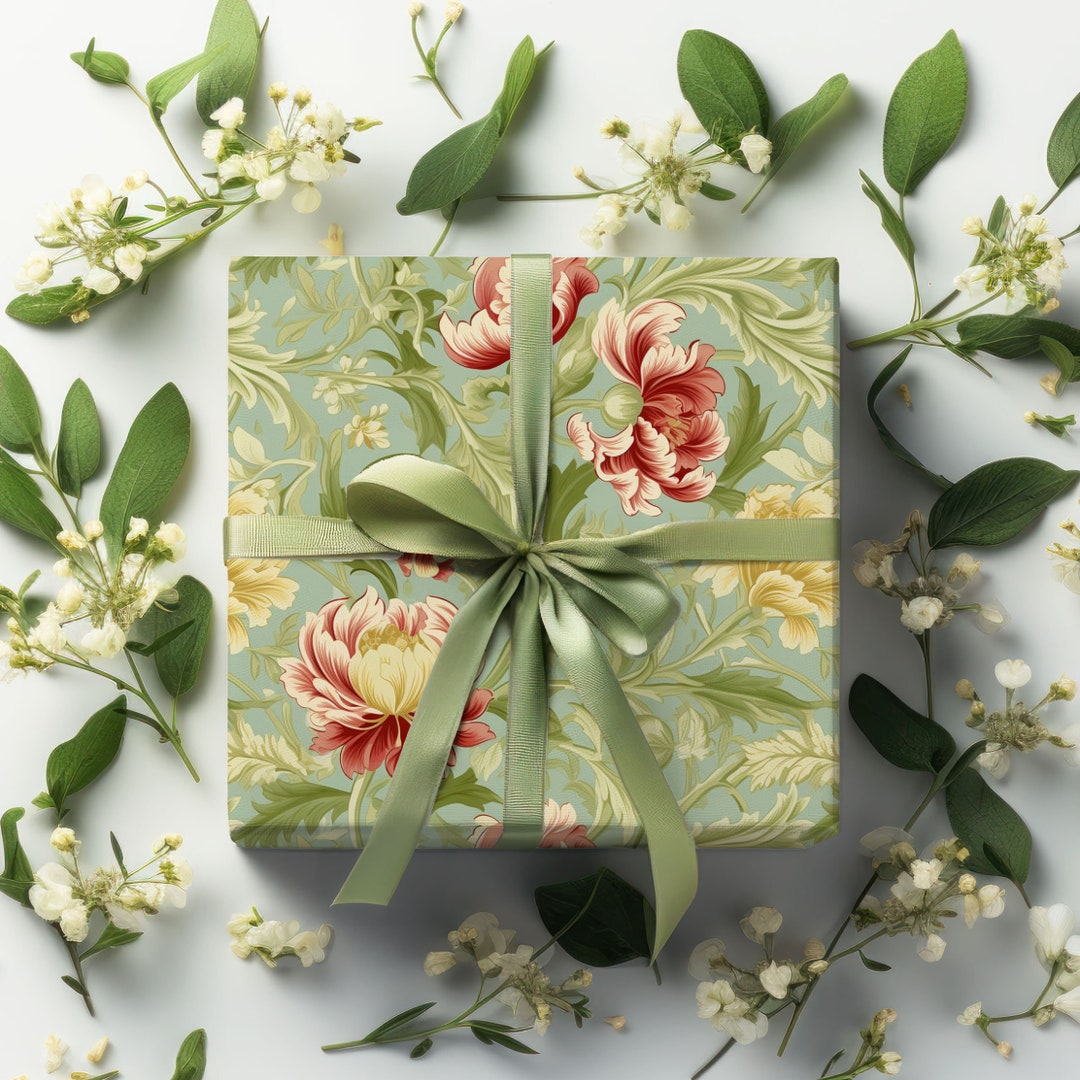 William Morris Inspired Sage Green, Pink & Yellow Floral Wrapping Paper ...