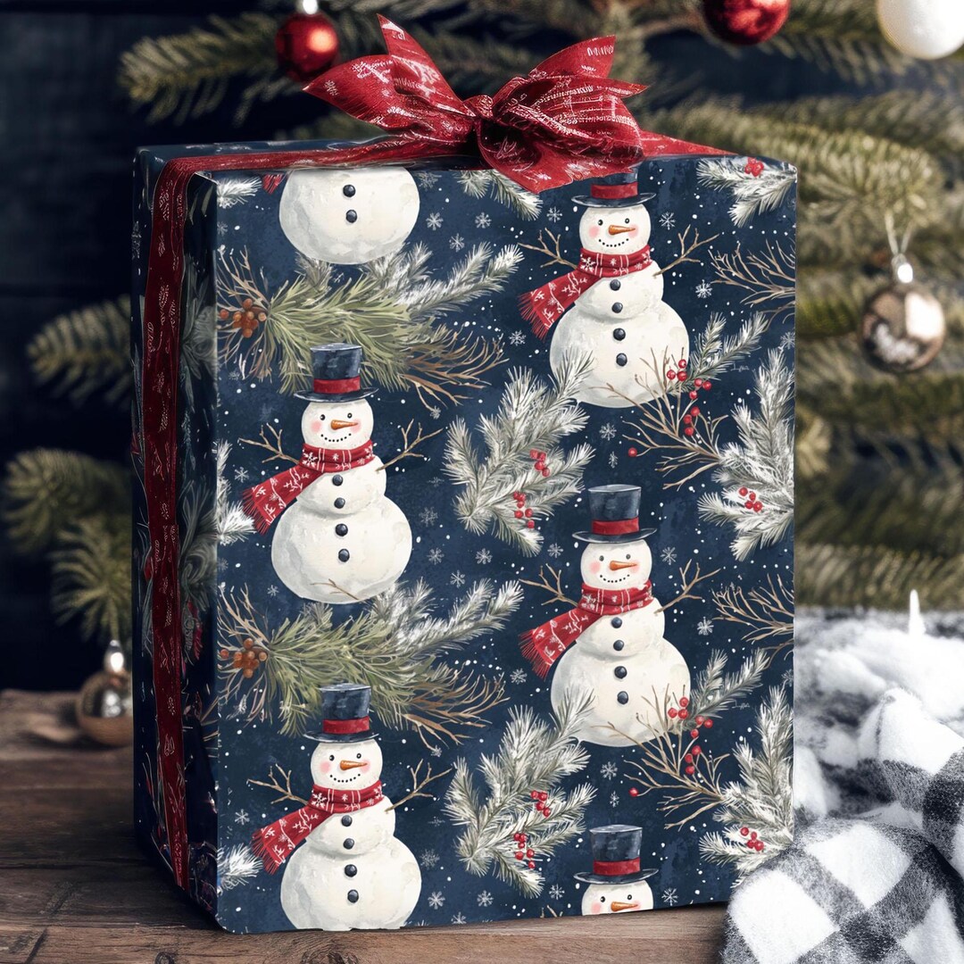 Vintage Snowman Navy Blue Wrapping Paper, Christmas Gift Wrap, Holiday ...