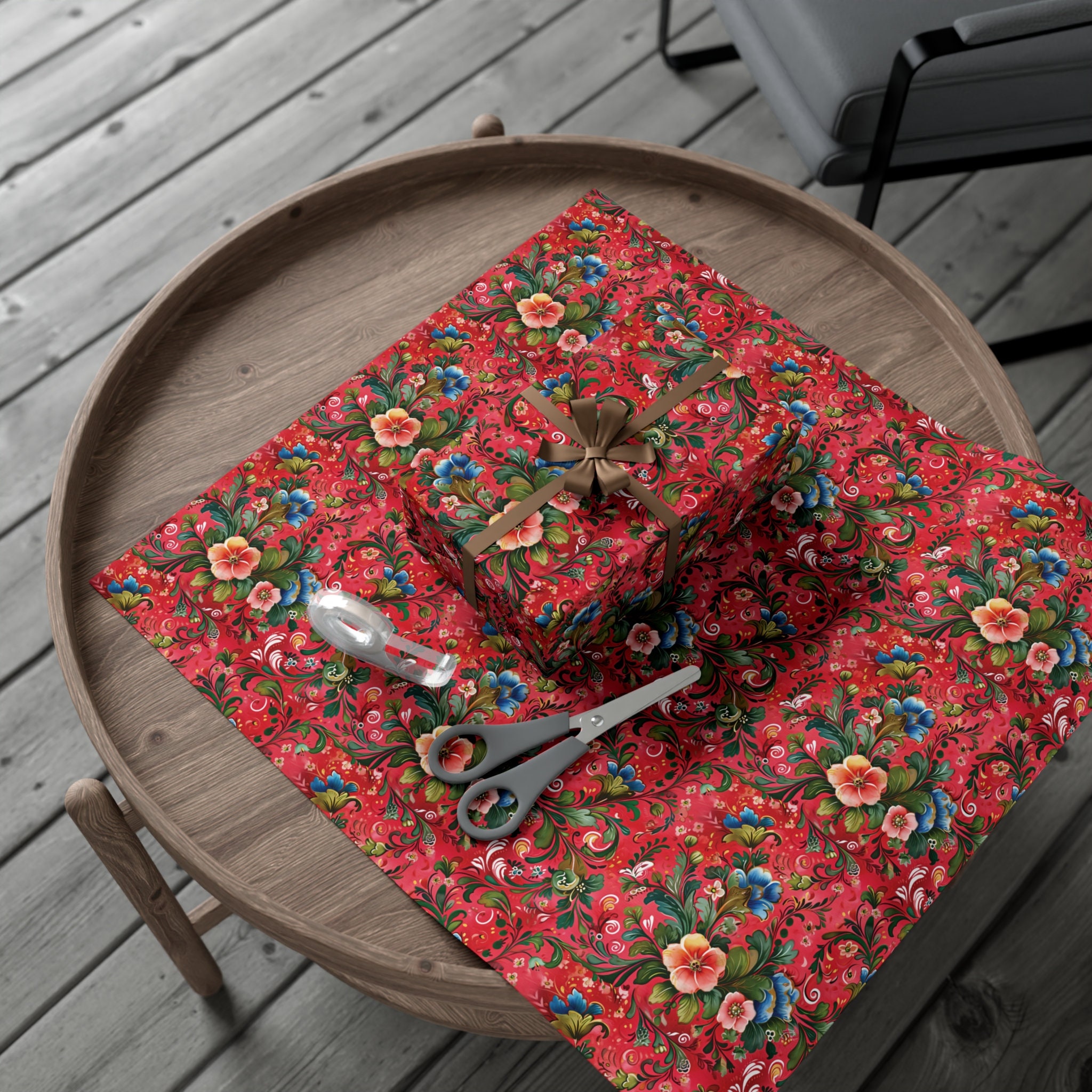 Russian Floral Inspired Red Wrapping Paper, Christmas Gift Wrap ...