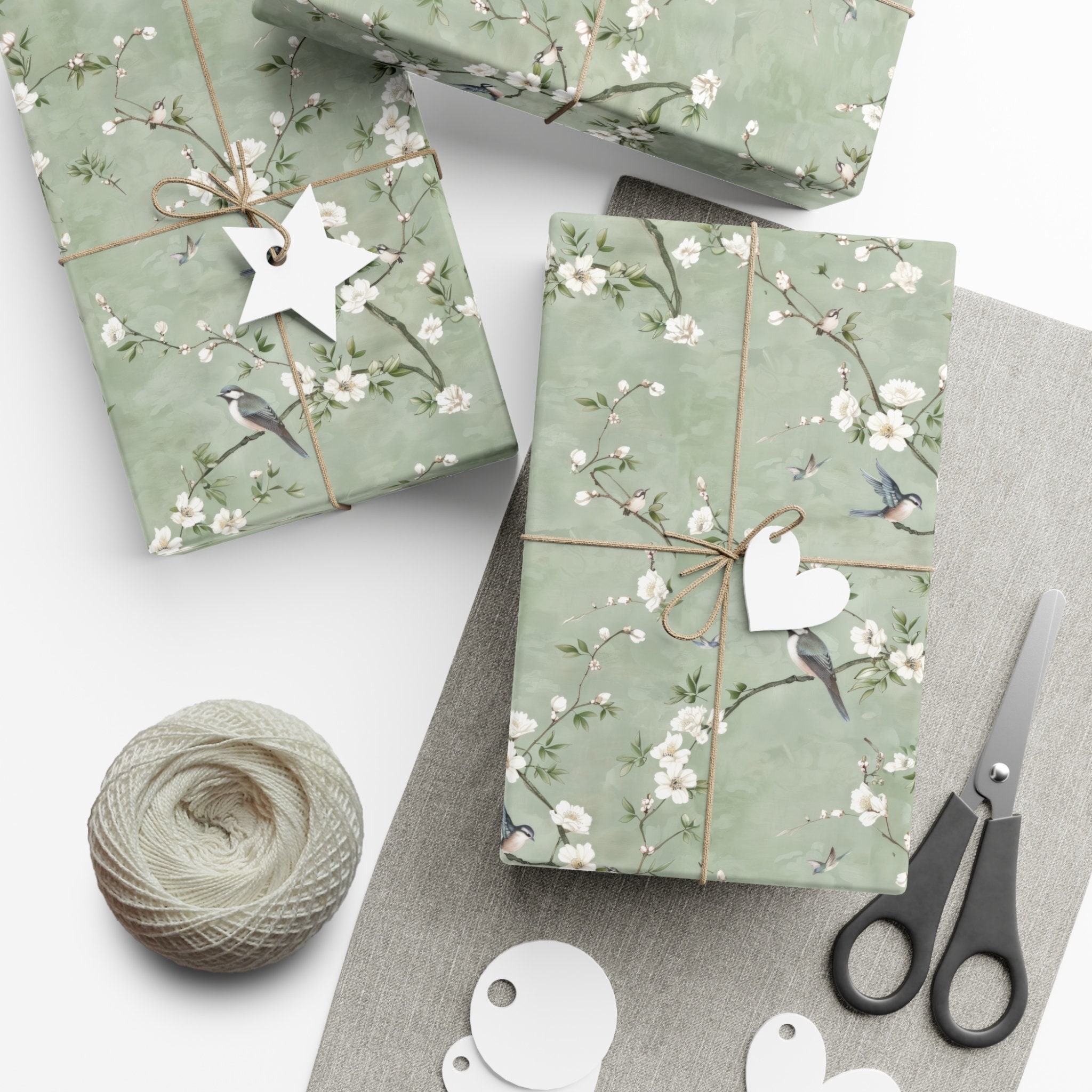 Chinoiserie Inspired Birds Floral Gift Wrap, Sage Green Wrapping Paper ...