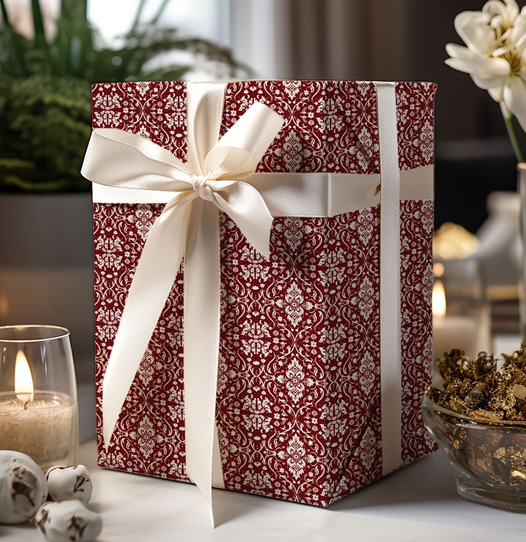 Burgundy & White Ornate Gift Wrap, Gift Wrap With Damask Inspired Red ...
