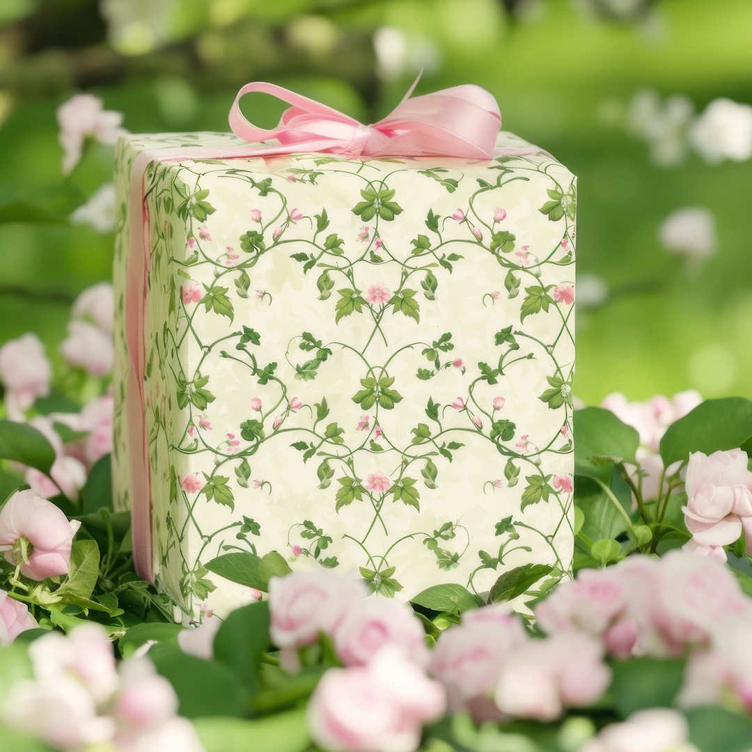 Pink and Green Floral Vine Gift Wrap, Vintage Wrapping Paper, Mother's ...
