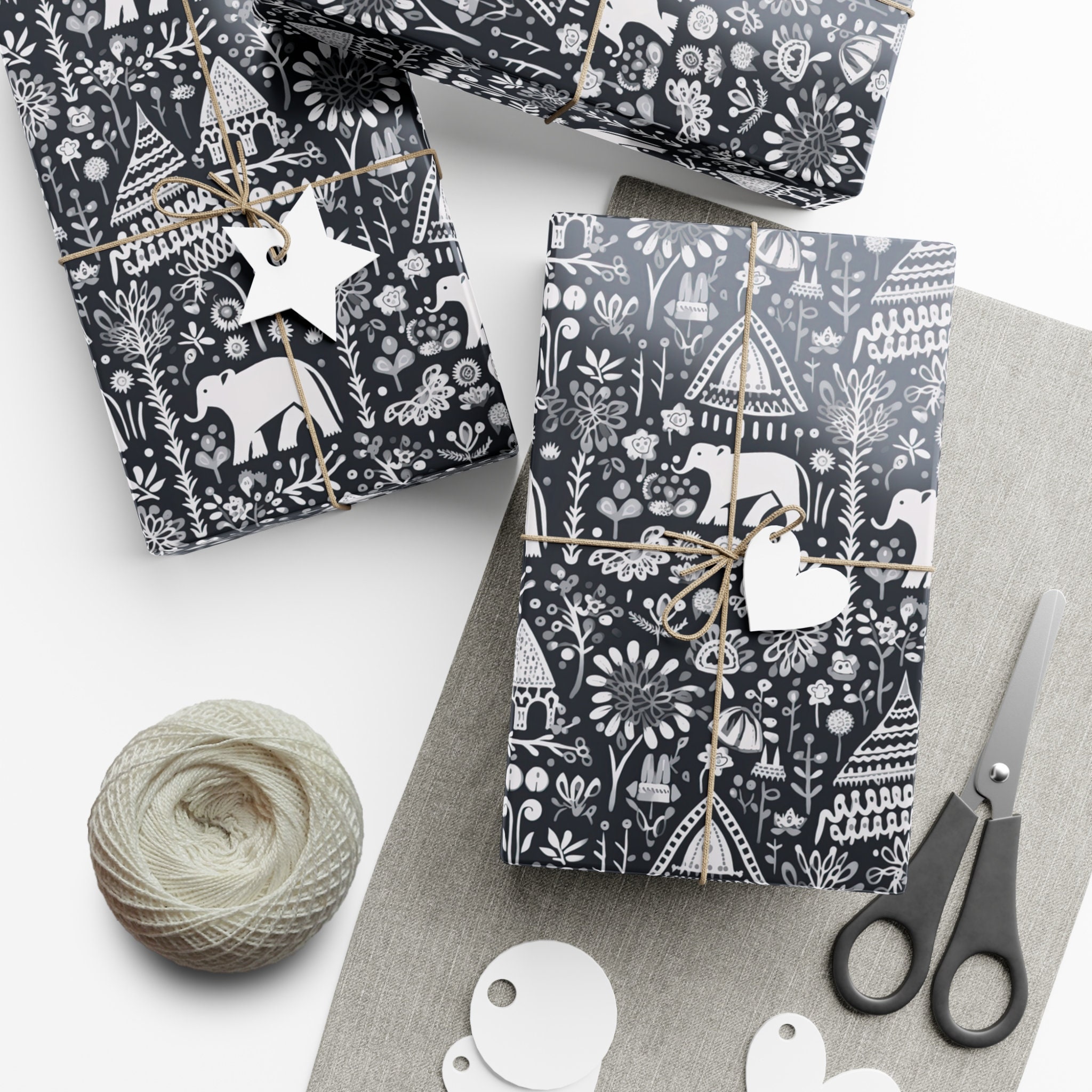 Scandi Elephant Doodles Wrapping Paper, Elephant Gift Wrap, Wrapping ...