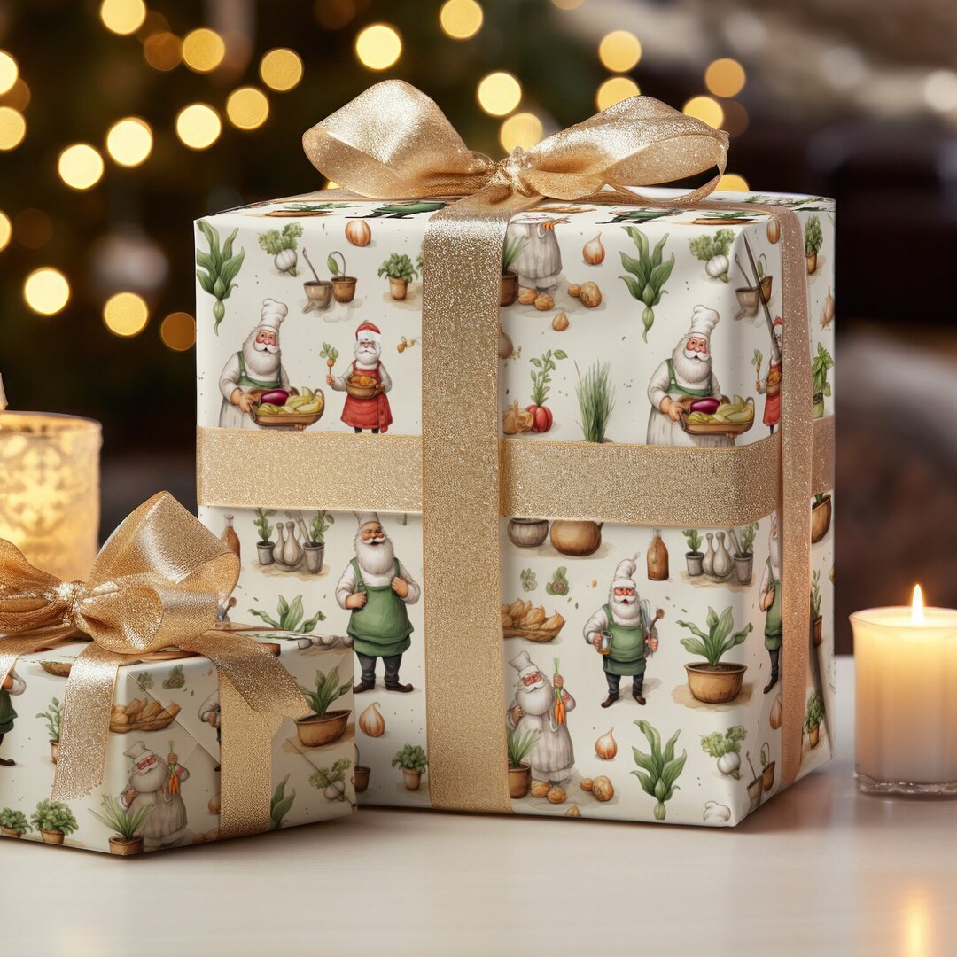 Vintage Santa's Kitchen Wrapping Paper, Charming Santas Gift Wrap ...