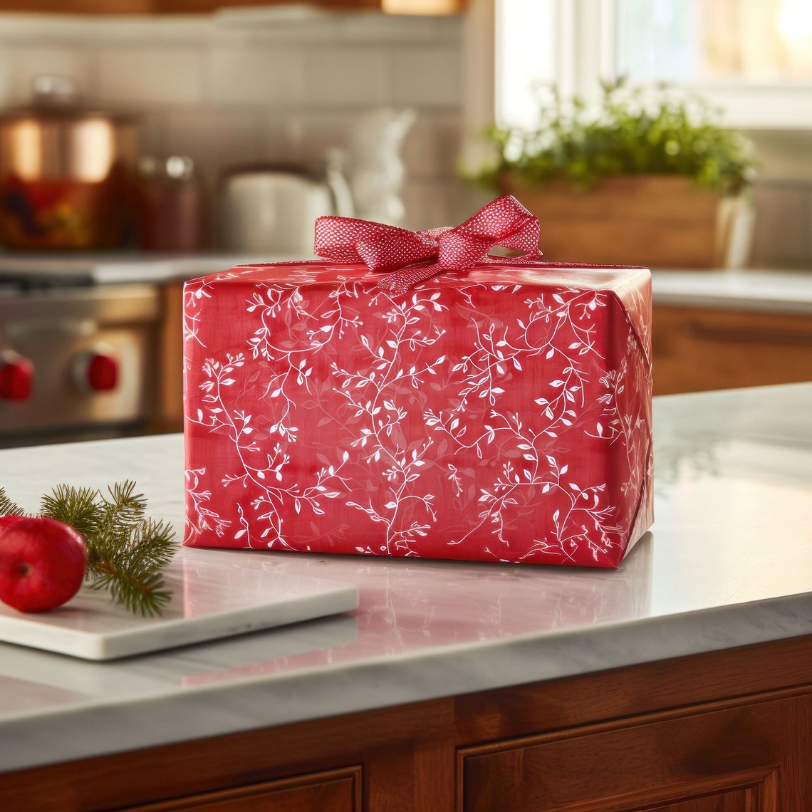 Crimson and White Vines Gift Wrap, Red and White Wrapping Paper ...