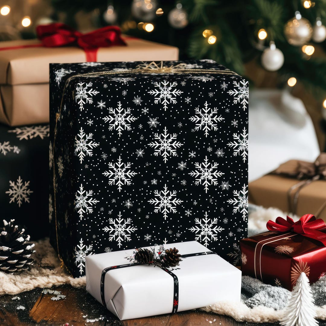 Black and White Snowflake Wrapping Paper, Christmas Gift Wrap, Holiday ...
