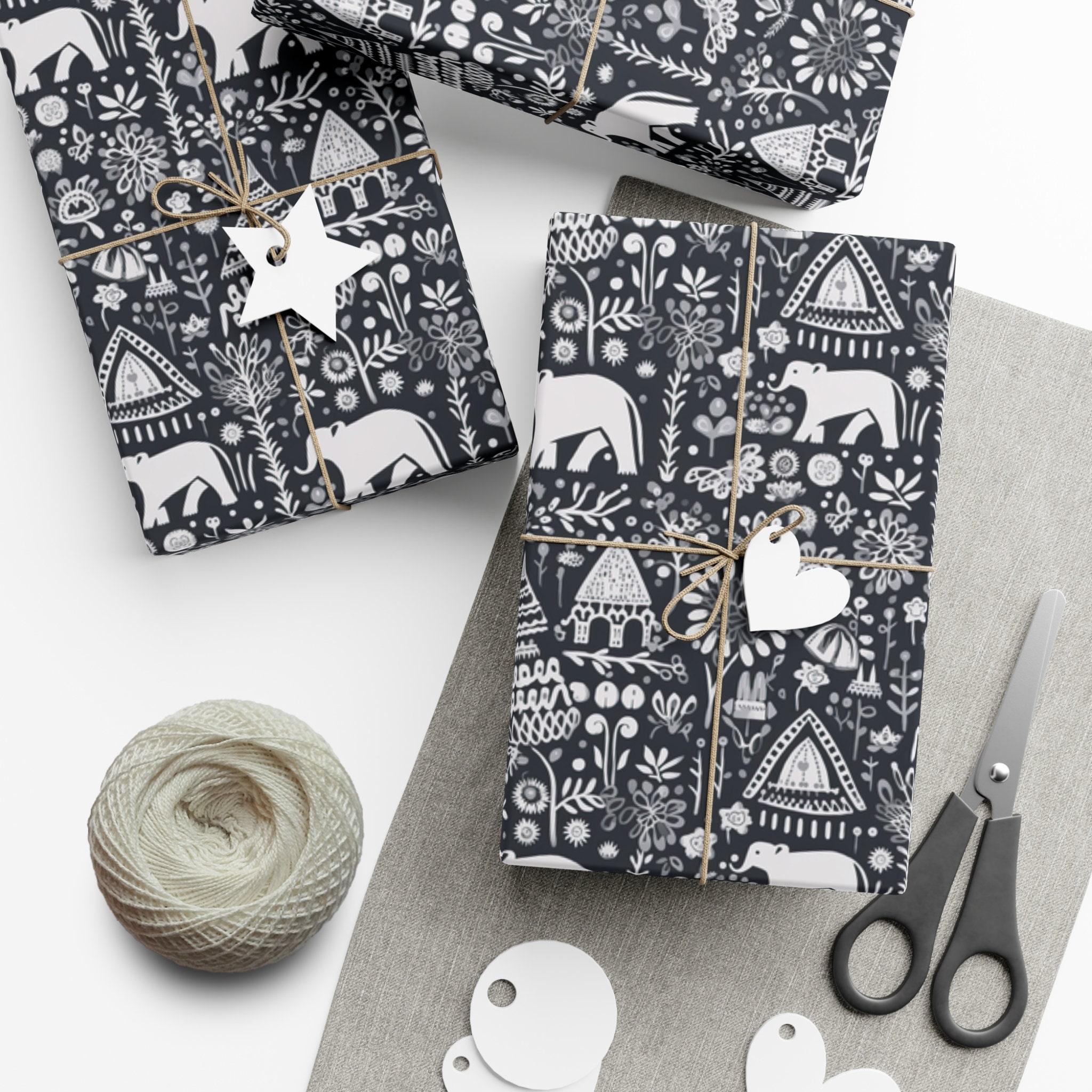 Scandi Elephant Doodles Wrapping Paper, Elephant Gift Wrap, Wrapping ...