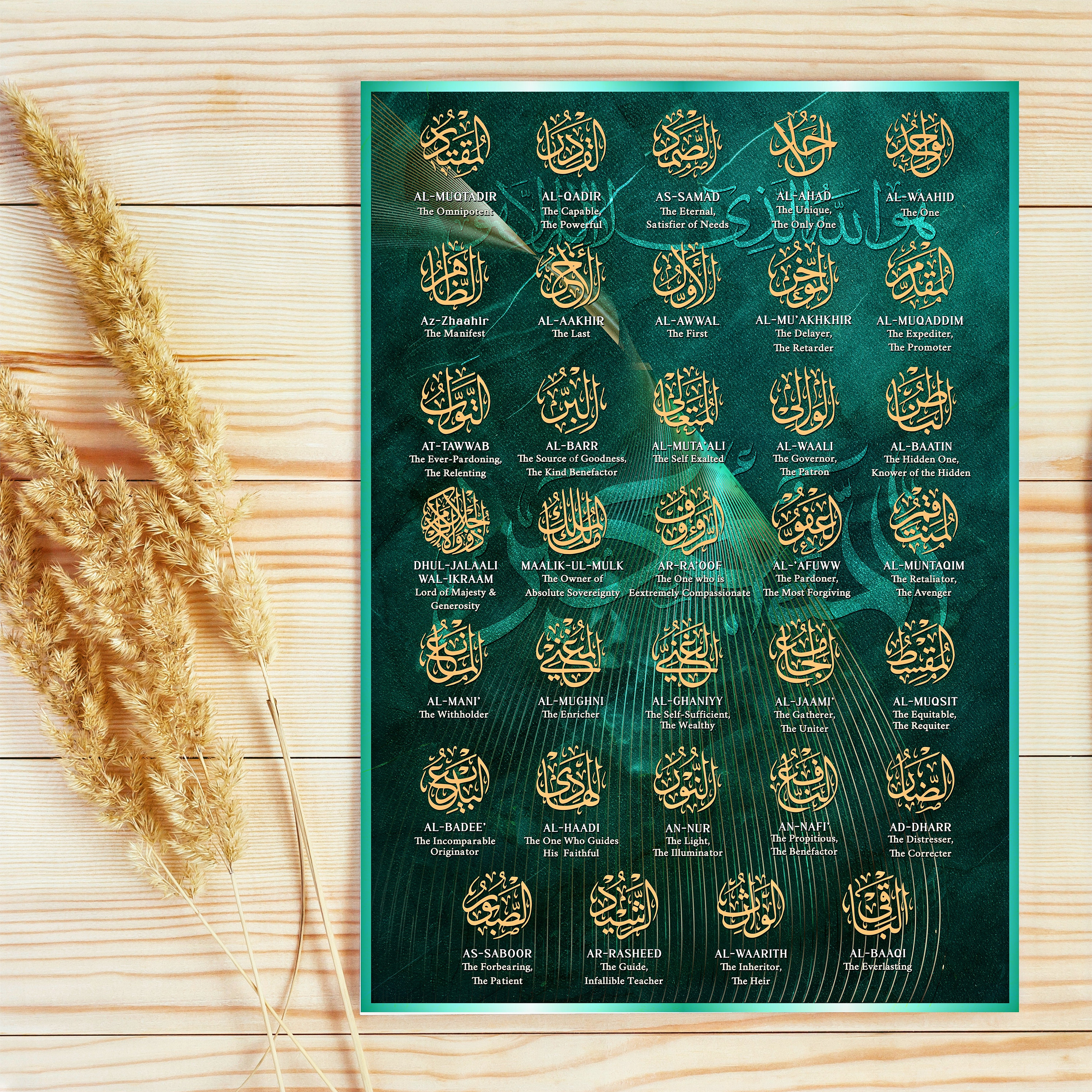 99 Names of Allah Poster W/ Transliteration+ Translation, Emerald Green ...