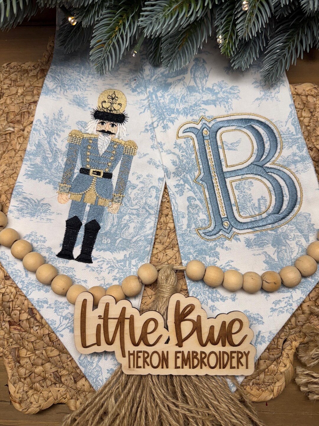 Blue Toile Christmas Nutcracker Embroidered Wreath Sash, Vintage ...
