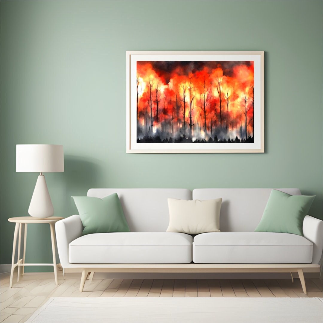 Forest Fire Watercolor: Destructive Beauty Captured in Art. Ideal ...