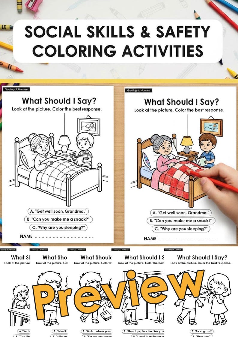 What Should I Say? Social Skills & Safety Coloring Worksheets - Etsy