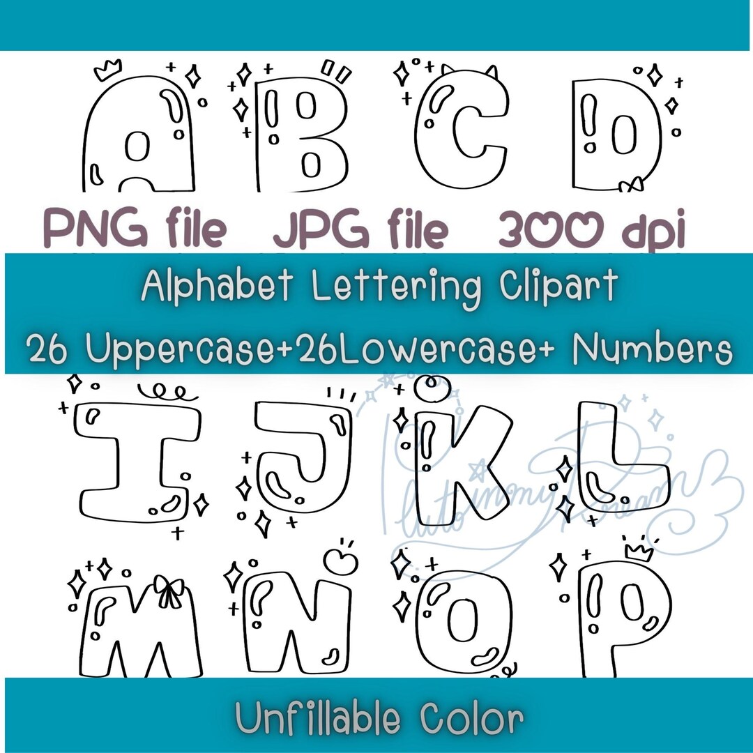 Set of Alphabet and Number Cute Clipart Outline for Kids Coloring Page ...