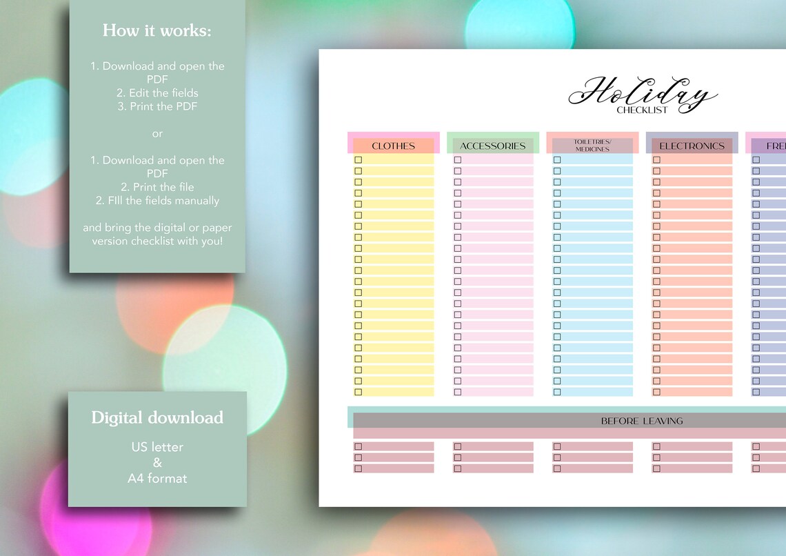 Printable Checklist, Editable Travel Checklist, Vacation Packing List ...