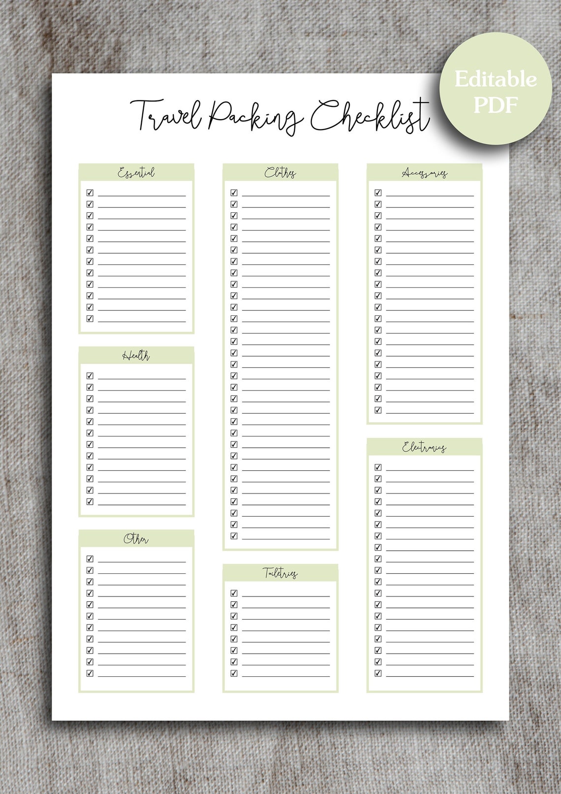 Printable Checklist, Editable Travel Checklist, Vacation Packing List ...