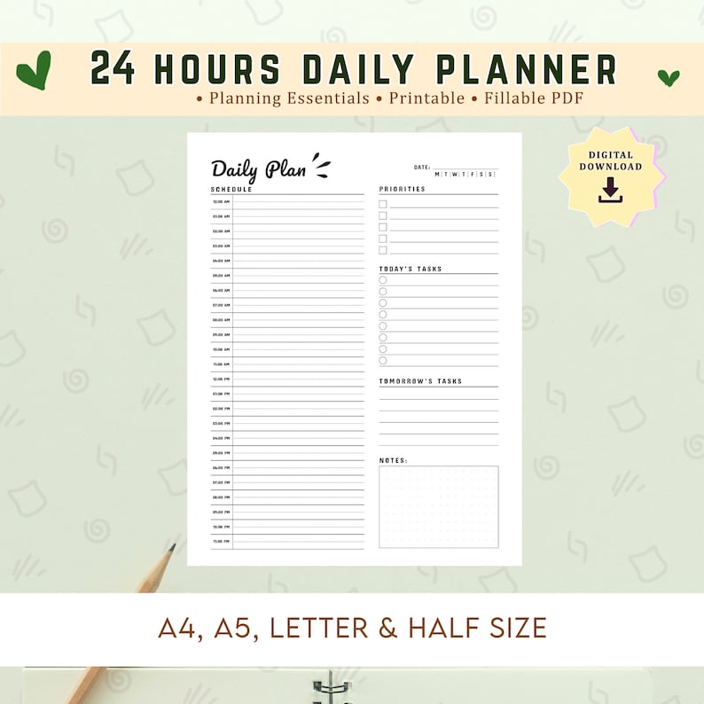 24 Hour Daily Planner Printable, Hourly Planner, Time Blocking PDF ...