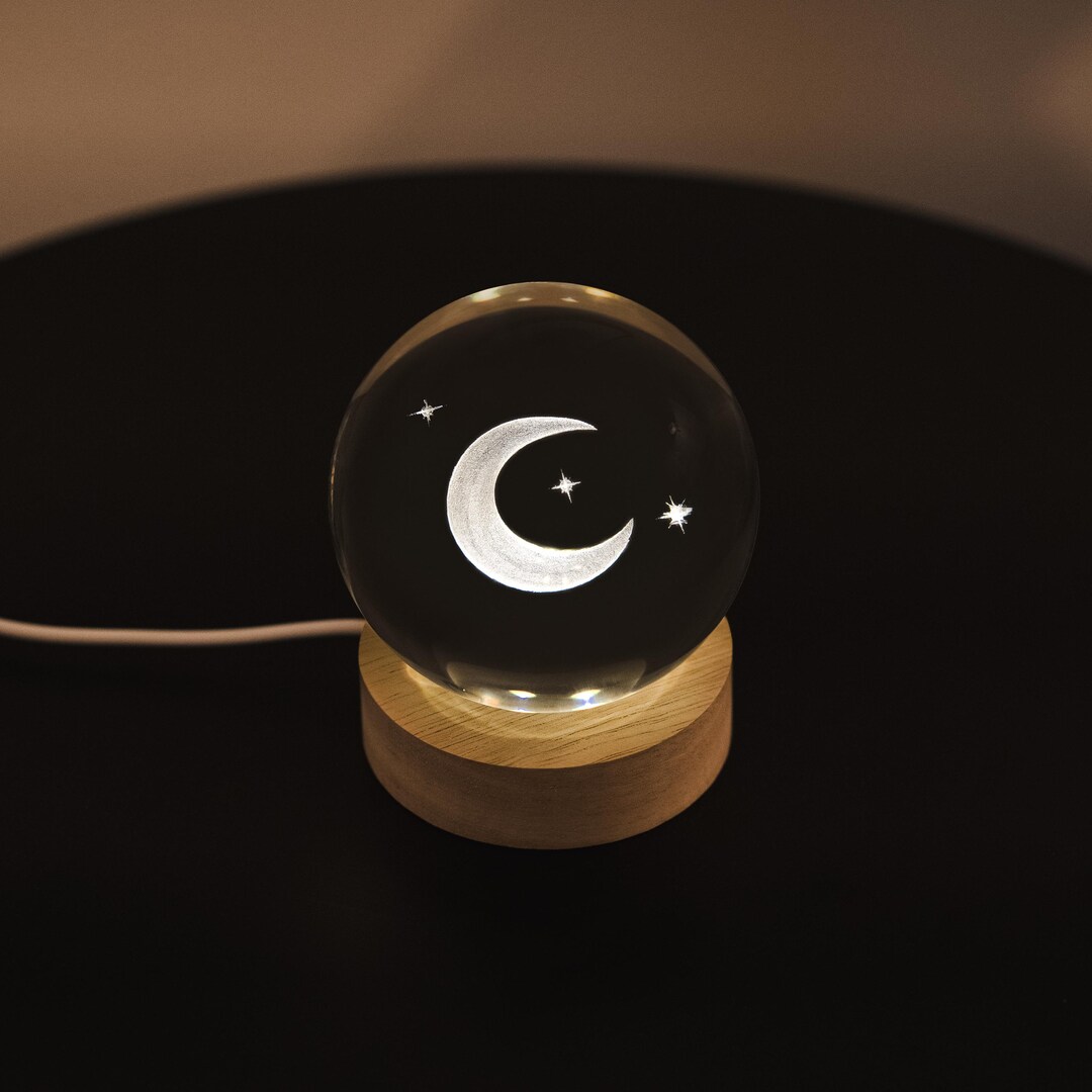 Night Light Crescent Moon Lamp Crystal Ball Lamp With Wooden Base ...