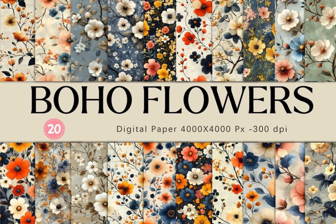 Boho Flowers Digital Paper – 20 High-resolution Floral Backgrounds for ...