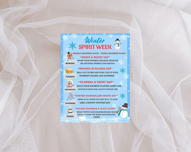 Winter School Spirit Week Itinerary: Editable CANVA Template (8.5x11 ...