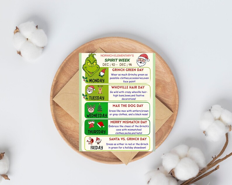 Grinch Spirit Week Flyer, Holiday School Itinerary (editable Canva ...