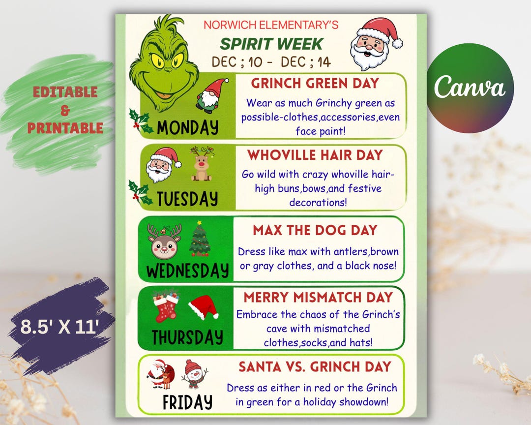 Grinch Spirit Week Flyer, Holiday School Itinerary (editable Canva ...