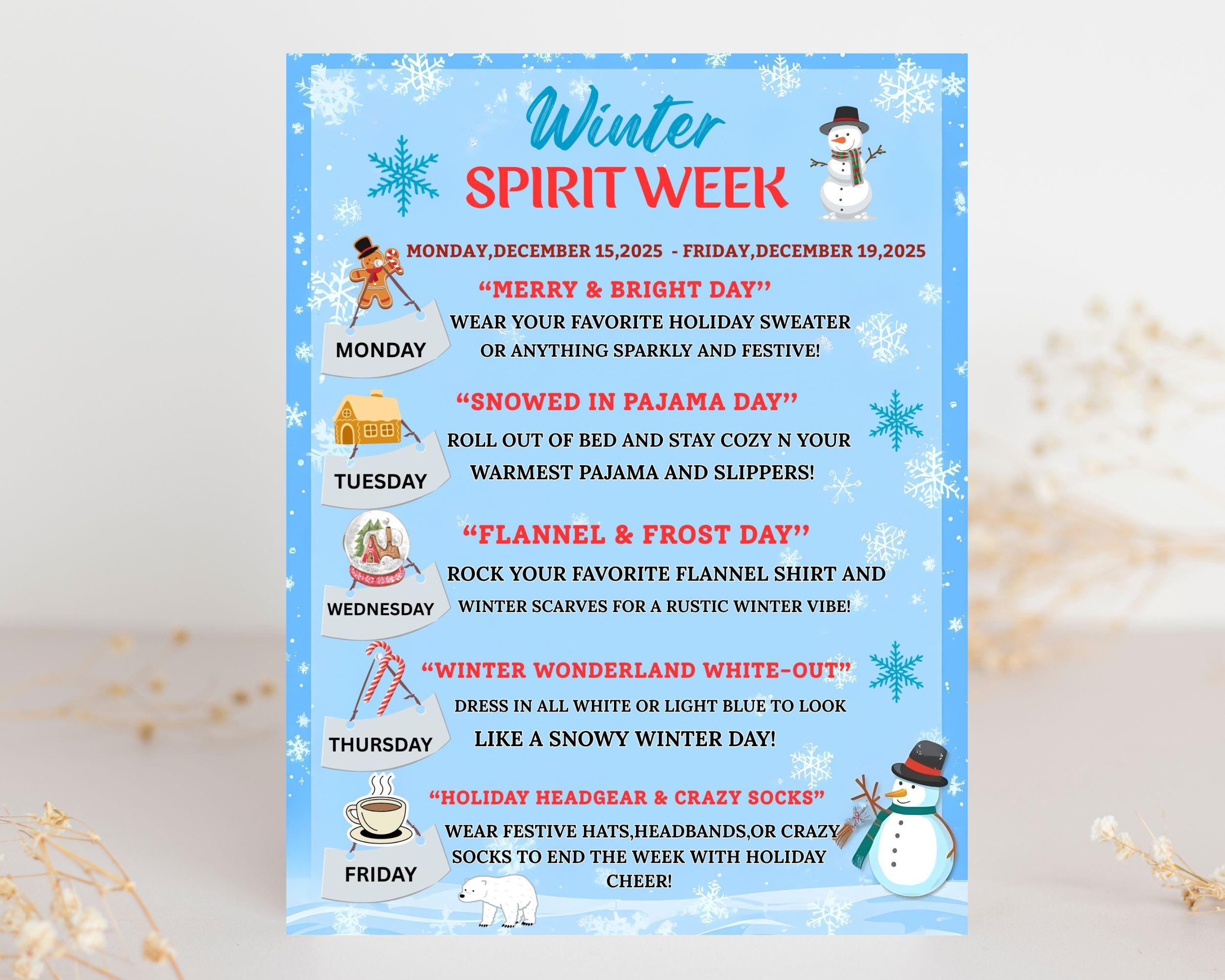 Winter School Spirit Week Itinerary: Editable CANVA Template (8.5x11 ...