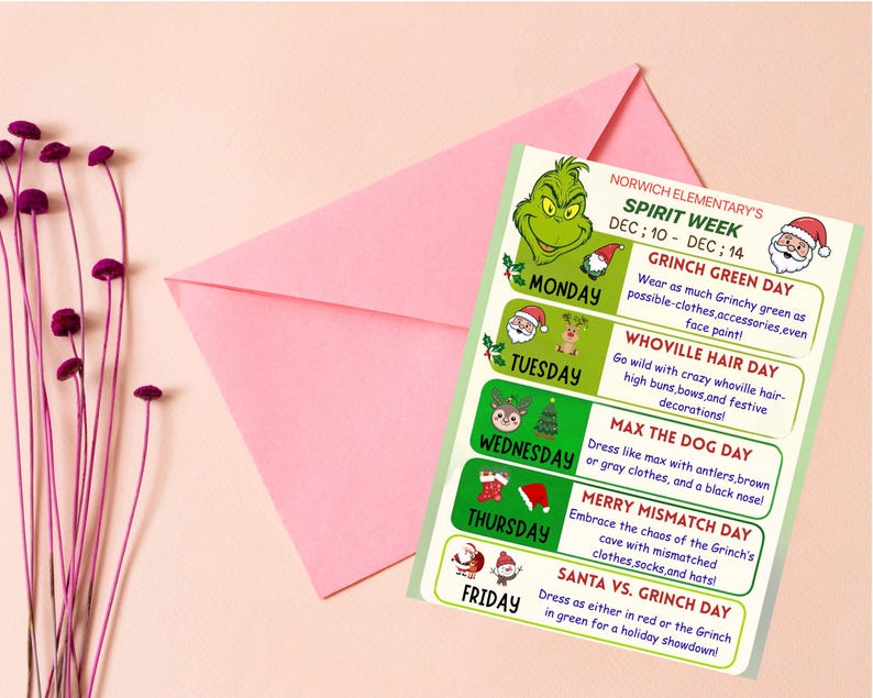 Grinch Spirit Week Flyer, Holiday School Itinerary (editable Canva ...